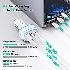 105W USB C Car Charger,3 Port PD 65W 20W PPS 45W Type C Super Fast Charging QC4.0 20W Cigarette Lighter Adapter Fast USB Car Charger for iPhone 13 12 Pro Max Samsung Galaxy S21 Note 20 iPad MacBook