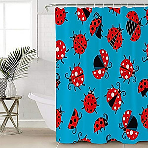 4 Piece Shower Curtain Sets Cute Ladybug Red Black Carapace Insect Dense Animal Blue Non-Slip Rug, Toilet Lid Cover, Bath Mat Waterproof Shower Curtain Bathroom Sets with 12 Hooks Bath Decor