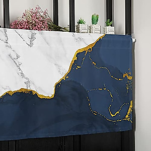 Vograud Valances for Windows, Abstract White and Navy Blue Marble with Gold Line Rod Pocket Kitchen Curtains Valances, Short Window Valances for Living Room Bathroom 42” x 18”