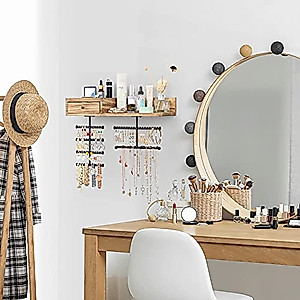 VINAEMO Jewelry Organizer Hanging Wall Mounted Jewelry Holder with Rustic Wood Drawer & Large Capacity Storage Shelf Rack Display for Earrings Rings Necklaces Bracelet