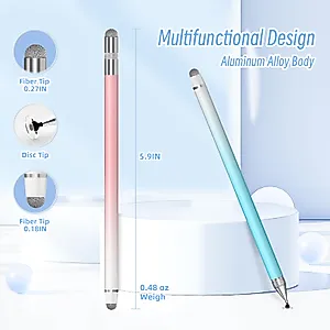 Stylus Pens for Touch Screen (2PCS), High Precision 3-in-1 Fiber Tip Stylus with Disc Stylus for iPad Compatible with iPhone/Android/iPad/Tablets & All Touch Screens (Blue/Pink)