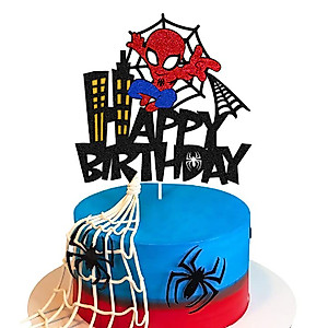 Spider Birthday Cake Topper Spider Cartoon Movie Themed Happy Birthday Cake Decorations for Men Boy Children Bday Party Supplies Double Sided Glitter Black Décor