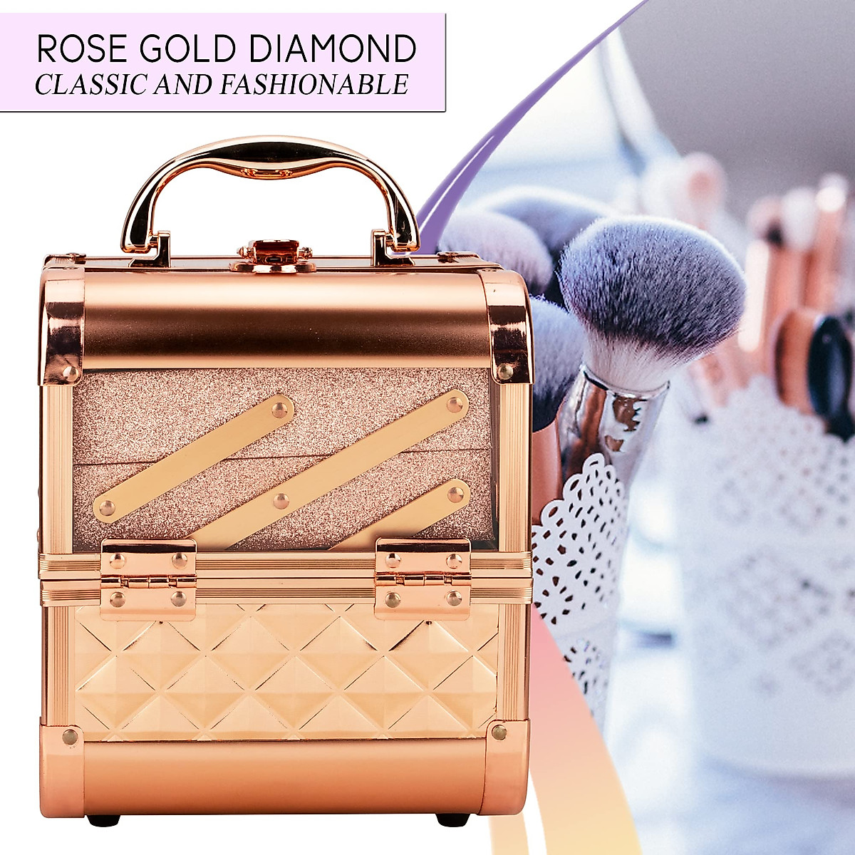 Ver Beauty Makeup Box Cosmetic Train Case with Clear Armored Acrylic Jewelry Organizer with 2 Tiers Trays and Mirror Lockable Portable Travel Cosmetic Display Aluminum Case (Rose Gold Diamond)