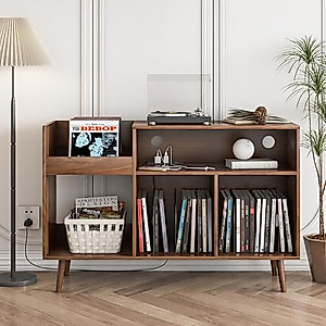 Furtivusia Mid Century Modern Record Player Stand with Power Outlet - Holds up to 350 Albums, Vinyl Record Storage Cabinet and Turntable Stand