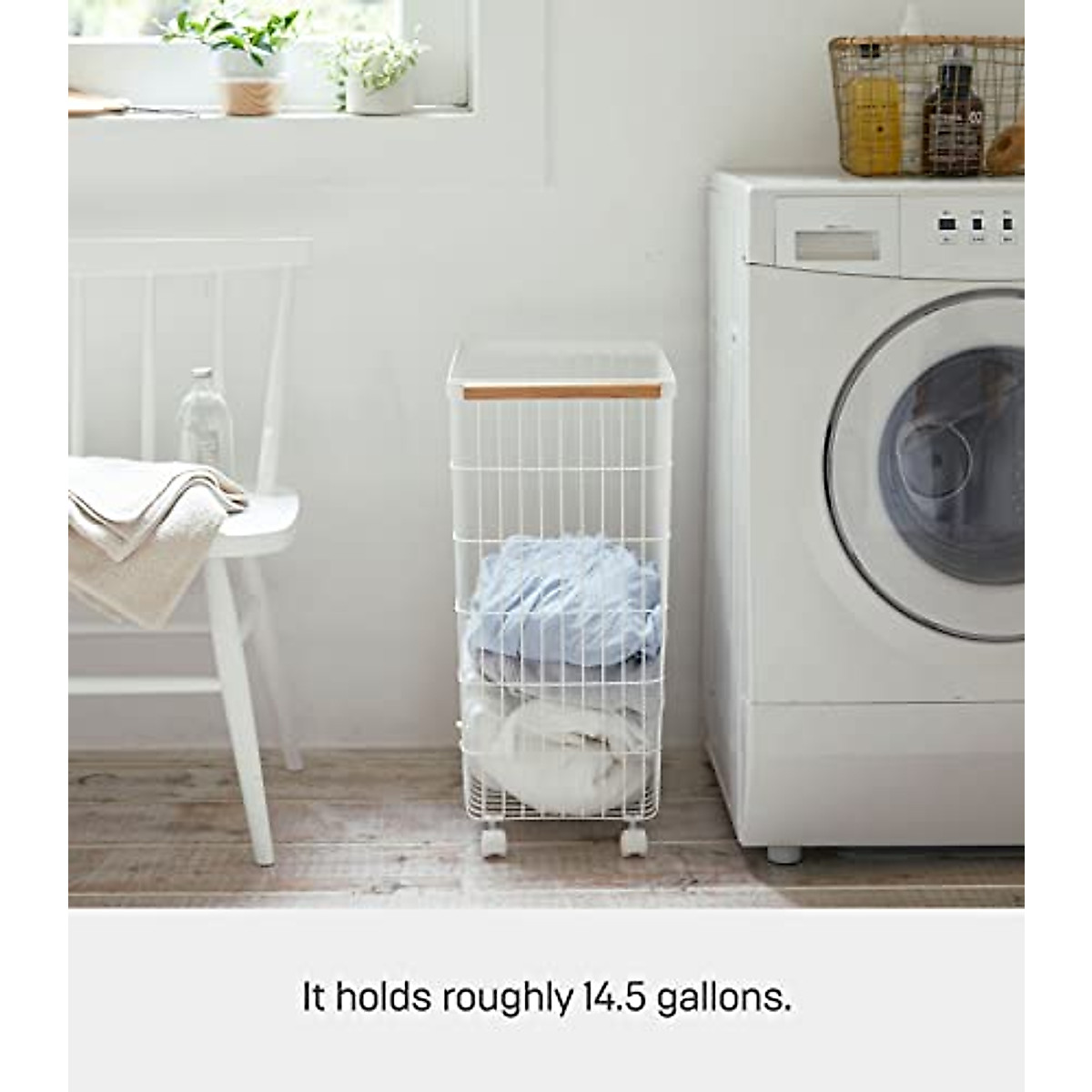 Yamazaki Home Wire Slim Saving Rolling Wheeled Clothing Hamper | Steel + Wood | Laundry Basket, One Size, White