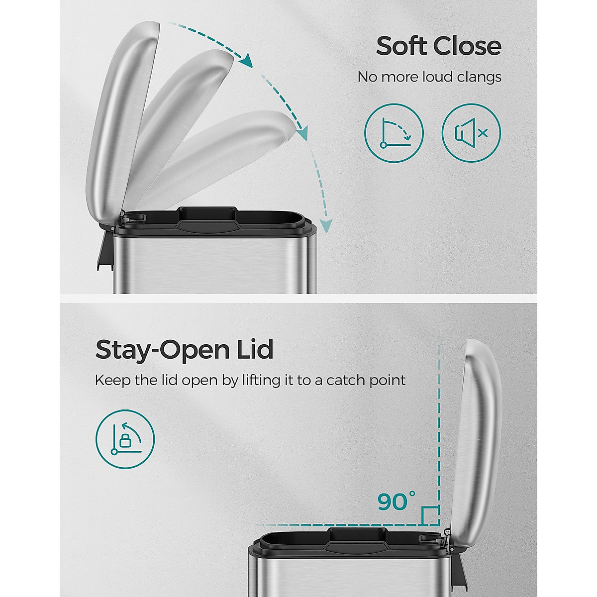 SONGMICS Trash Can, 8 Gallon (30L) Trash Bin with Lid and Inner Bucket, Stainless Steel Garbage Can, Soft Close, Silver ULTB01L