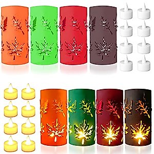 16 Set Fall Thanksgiving 3D Round Paper Lantern Led Luminary with Beautiful Lifted Leaf Cut-Out Design for Fall and Thanksgiving Decor or Table Centerpiece