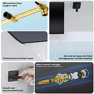 Qinkell Wall Mount Tub Faucet Matte Black Waterfall Tub Fill Roman Bathtub Faucet High Flow Brass Bathroom Bathtub Faucets with Rough-in Valve and 2 Handles