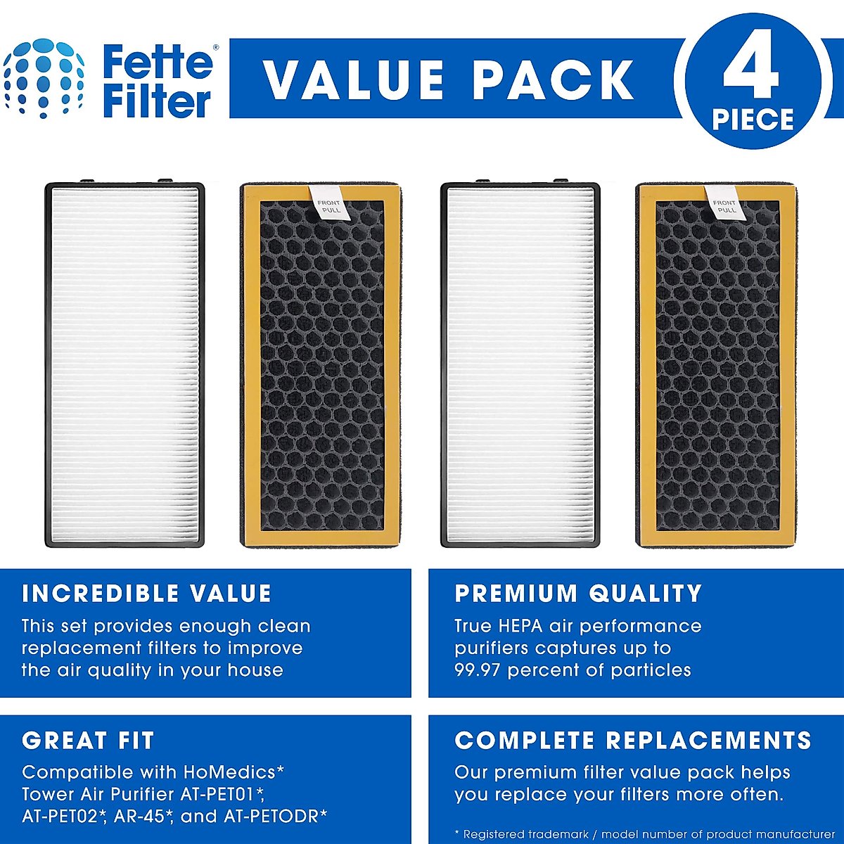 Fette Filter - 2 HEPA and 2 Activated Carbon Filters Compatible with TotalClean PetPlus. Compare to Part # AT-PET01, AT-PET02, at-PETODR. Combo Pack