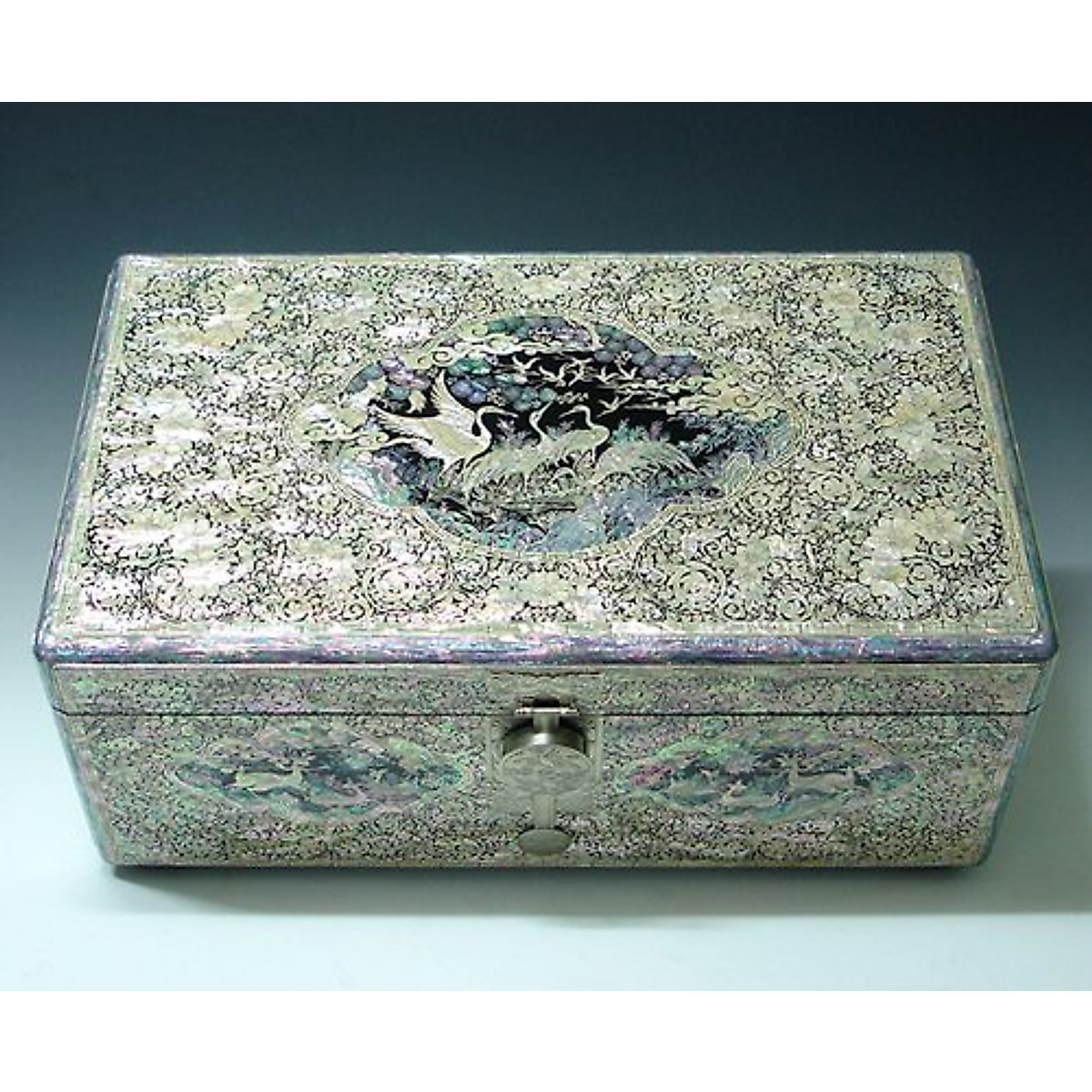 Mother of Pearl Inlay Decorative Long Life Symbols Design Lacquer Wooden Handcrafted Art Jewelry Wedding Trinket Keepsake Treasure Box Ring Case Chest Organizer