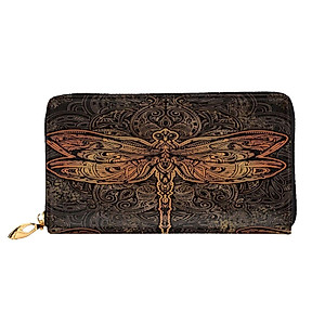 Long Handbag Purse Wristlet Bag Card Holder Wallet-Dragonfly Mandala Ethnic Tribal Leather Wallet For Women Men