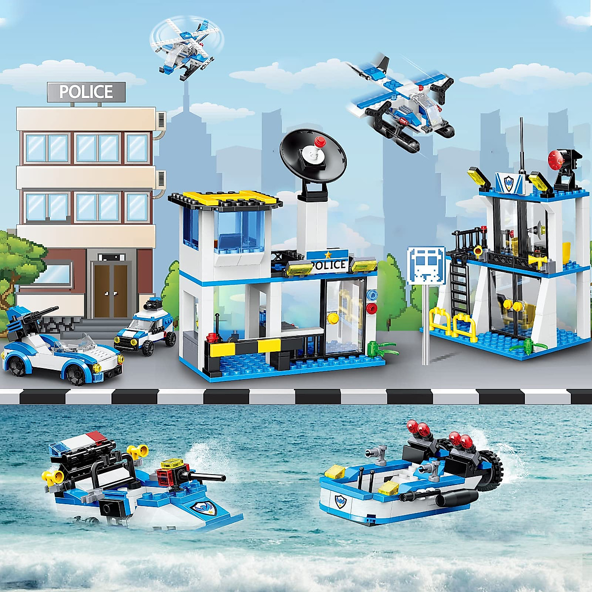 Hodlvant City Police Station Building Sets, Police Station Mobile Command Center Building Blocks Kit with Artillery car & Cop Patrol Car & Helicopter Toy, STEM Toys Set for Boys Girls Aged 6 7 8 9 +