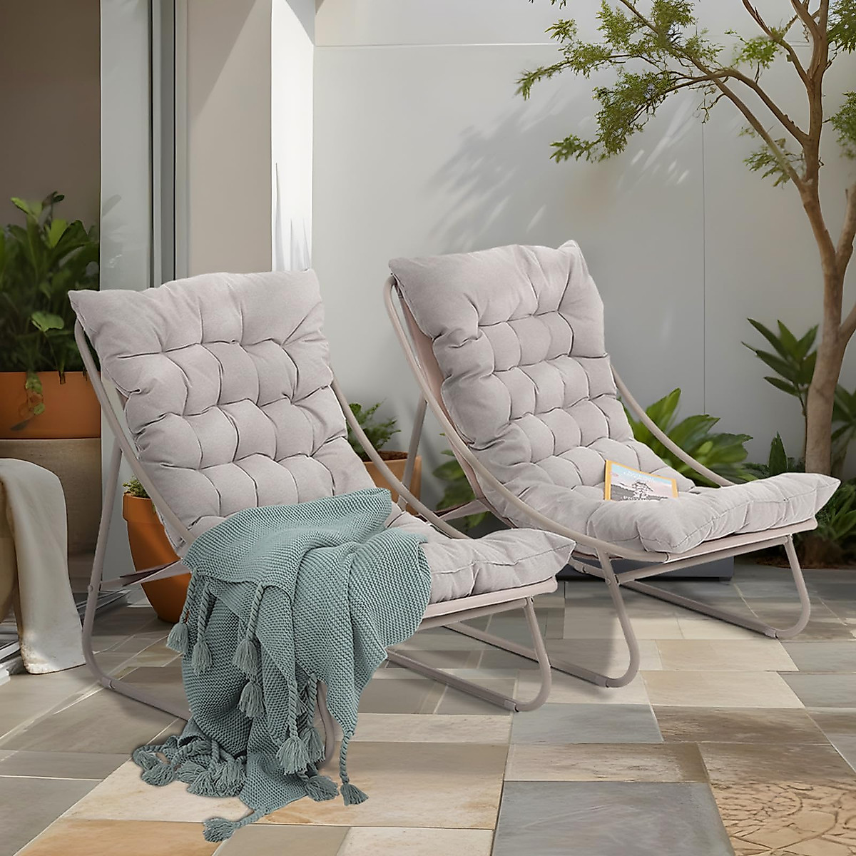 Olaterior Patio Lounge Chair Set of 2, Indoor Outdoor Comfy Chair, Sling Recliner Chair with Cushion, Modern Oversized Padded Lounge Chair, Patio Furniture Set for Balcony Porch Garden, Champagne