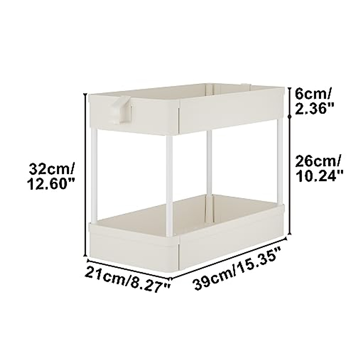 Boeeoan Under Sink Organizers Storage Rack, 2 Tier Under Bathroom Cabinet Shelf Basket, Multi-Purpose Storage Cart with Hooks for Kitchen Bathroom Bedroom Livingroom, White