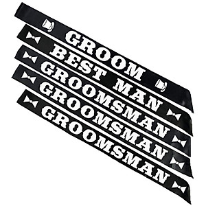 Groom Wedding Party Sash Bundle, Groom (x1), Best Man (x1), Groomsman (x3) Bachelor Bridal Shower Supplies Decorations Favors Gifts Black Sashes White Letters Kit Accessories Decor - Set of 5