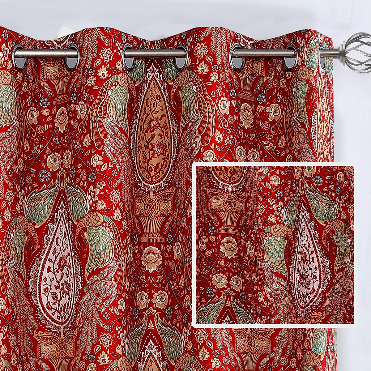 DriftAway Red Curtains for Bedroom 84 Inch Room Darkening Blackout Medallion Peacock Pattern for Living Room Window Drapes Grommet 2 Layers 2 Panels