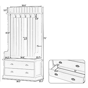Aisurun Vintage 38.5" Wide Hall Tree Coat Rack Coat Hanger with 5 Hooks, 2 Large Drawers & 1 Top Shelf, Storage Bench Entryway Bench for Hallway Living Room (Black)