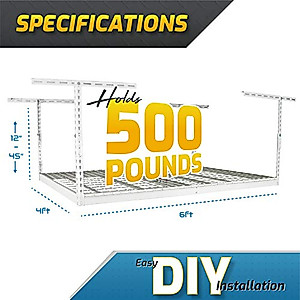 MonsterRax Overhead Garage Storage Rack - Heavy Duty Racks for Garage with 500 lb Capacity, Easy Garage Shelving, Adjustable, Ceiling Mount Storage Shelves 4x6 White (24"-45")