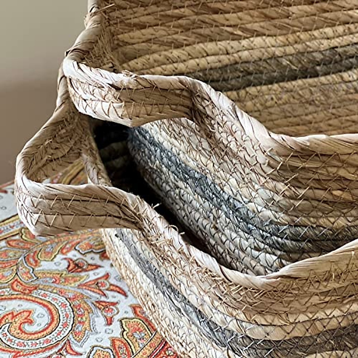Coastal Grey Stripes 3 Piece Basket Set, Rectangular, Shelf Organizers, Corn Husk Wicker, Durable Chunky Rope Weave, 15.75, 18.5, and 19.25 Inches