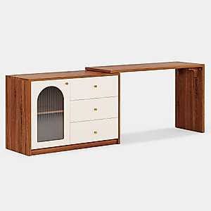 Tribesigns Modern Makeup Vanity, Retractable Large Vanity Desk with 3 Drawers and Cabinet, Makeup Corner Dressing Table for Bedroom, Walnut and White (Without Mirror)