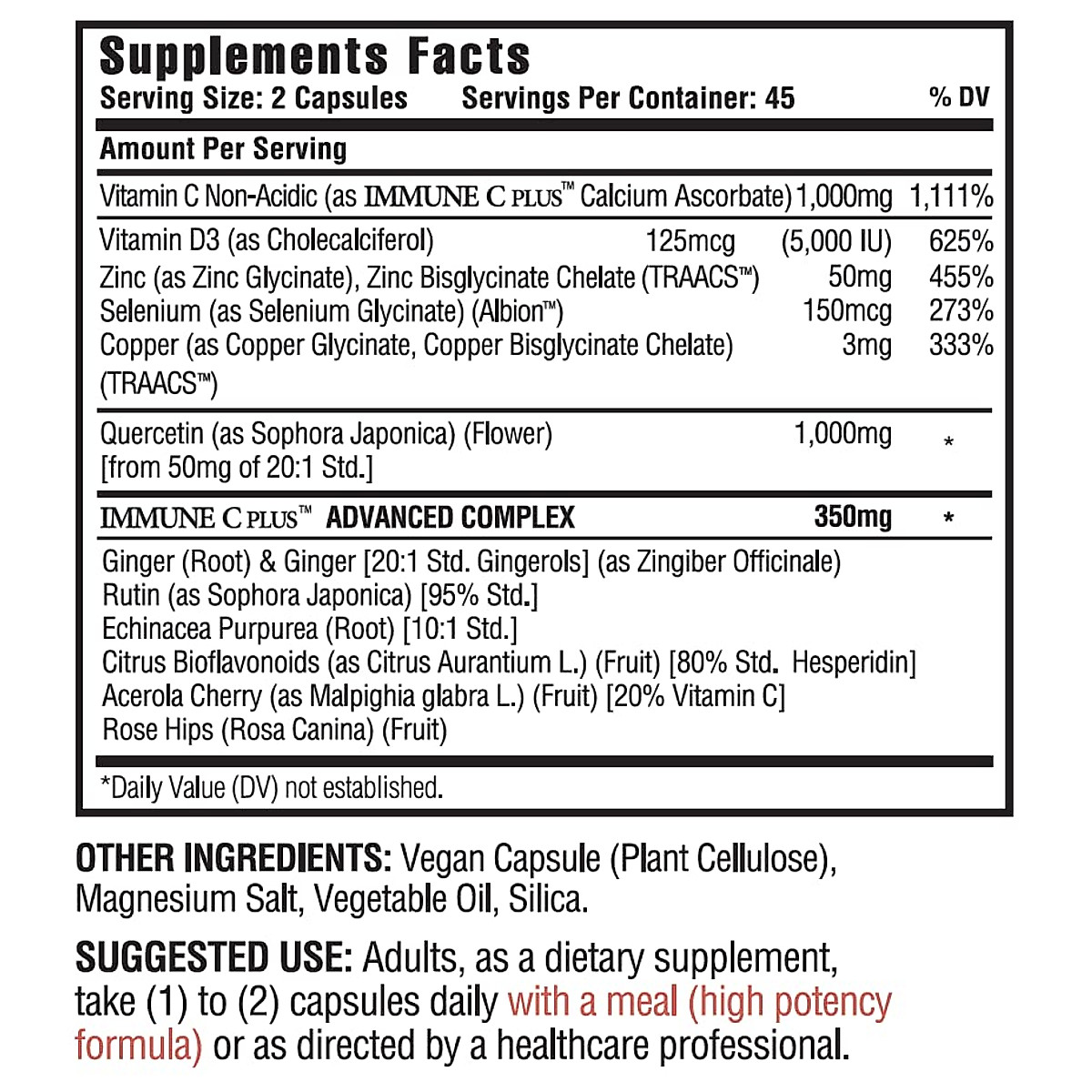 (90 Capsules), Quercetin 1,000mg, Vitamin C 1,000mg, Zinc 50mg, Vitamin D3 5,000iu, Selenium, Copper, Acerola, Ginger, Rutin, Bitter Orange, Rose Hips, Echinacea, Immune C Plus, 12 in 1 Immune Support