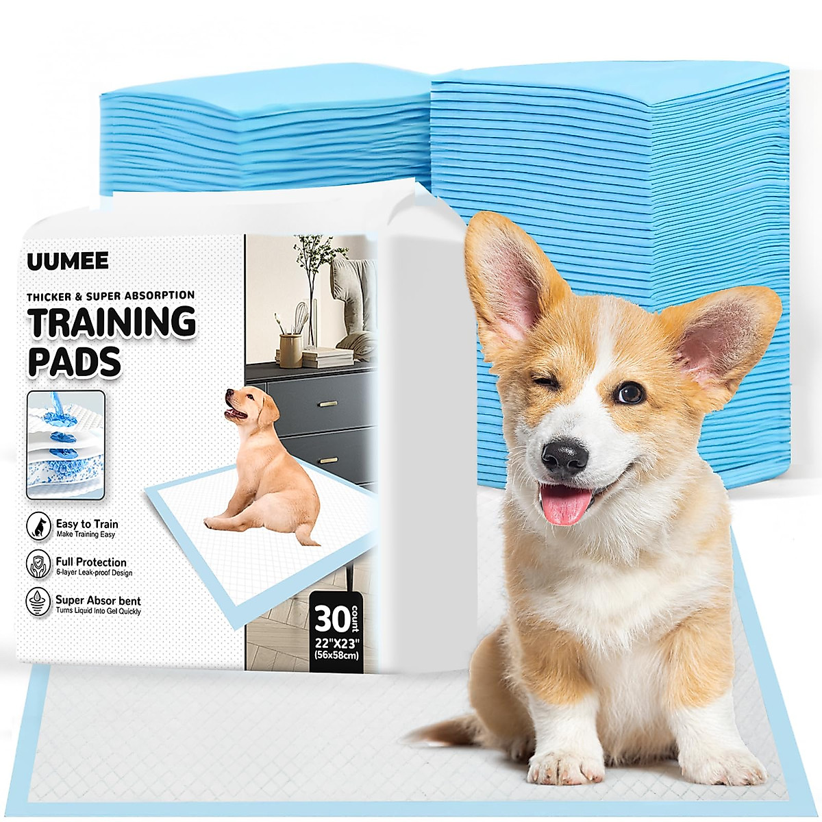 Dog Pee Pads 22"x23", Pee Pads for Dogs, Disposable Puppy Pads Pet Training Pads Super Absorbent Leak-Proof Quick Drying Pee Pads (30 Count)