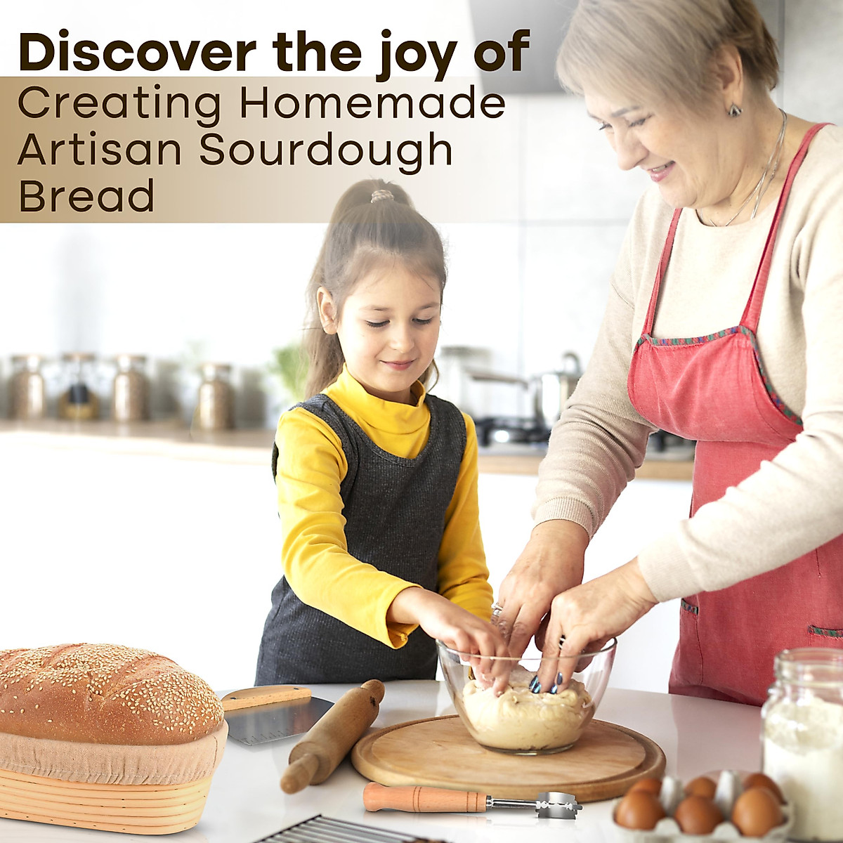 Banneton Bread Proofing Basket Set of 2-9 inch Round & 10 inch Oval Sourdough Basket, Sourdough Bread Kit with Bread Lame, Dough Scraper, Dough Whisk and Linen Liners, Bread Making Tools and Supplies