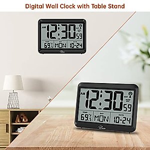 WallarGe Atomic Clock Battery Operated - Large Display Digital Alarm Clock with Seconds and Indoor Temeperature, 4 Time Zones, DST