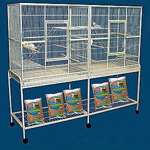 Large Double Center Divider Birdhouse Treehouse Bird Flight Breeder Cage with Breeding Nest Doors Removable Rolling Stand (52 x 17 x 54 H inches, White Vein)