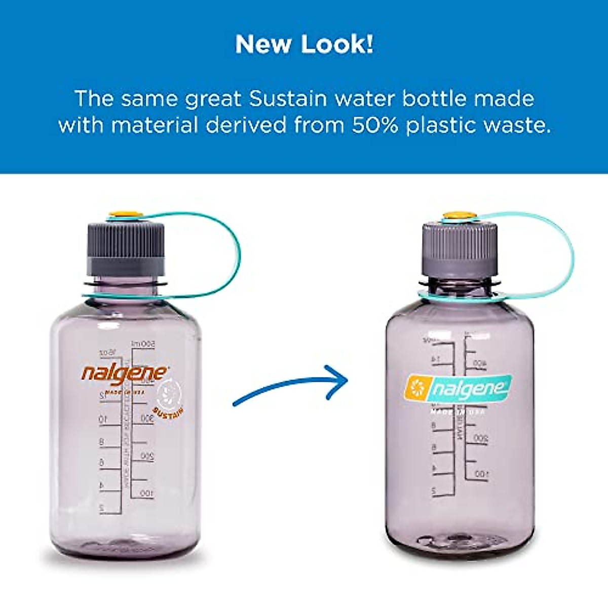 Nalgene Sustain Tritan BPA-Free Water Bottle Made with Material Derived from 50% Plastic Waste, 16 OZ, Narrow Mouth