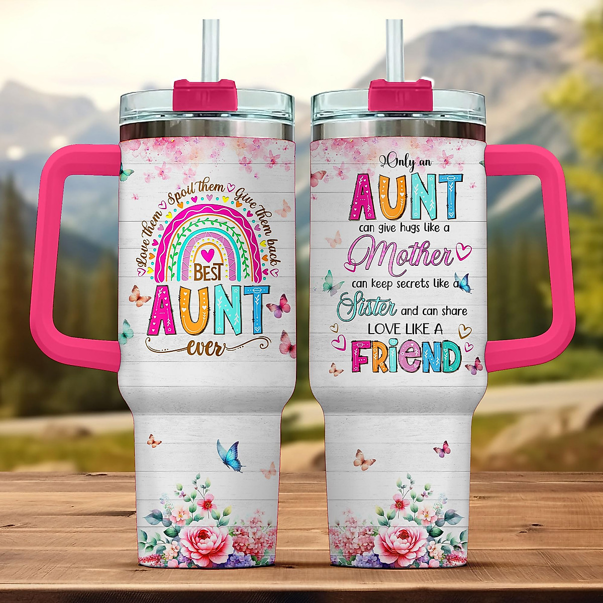 99OWL Aunt Gifts, Women Handle Yellow Camelia Simple Stainless Cups Coffee Auntie Steel Parade Rose Tumblers For, Tumbler 40 Oz With Handle Lid And Straw, Aunt Rainbow Color Floral