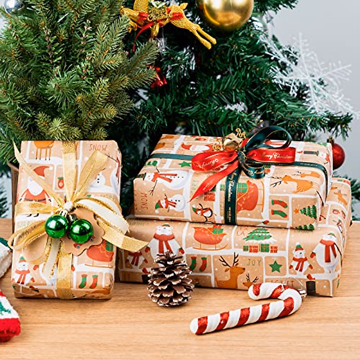 RUSPEPA Christmas Wrapping Paper, Jumbo Roll Kraft Paper - Red and Green Santa Claus, Polar Bear, Penguin, Snowman, Reindeer and Sleigh Design for Holiday Gift Wrap - 30 Inches x 100 Feet