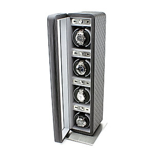 Quad Watch Winder in Black Leather, 12 Program Settings, Diamond Stitched Vegan Leather, Soft Linen Interior, Large Interior Space for Large Watches - Heiden Monaco Quad Automatic Watch Winder for Rolex