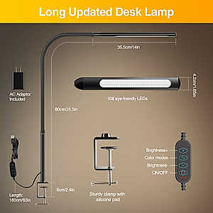 Desk Lamp Clamp, 12W Bright LED Desk Light for Home Office, Eye-Caring Table Light for Dorm Room, 3 Color 10 Brightness, Long Flexible 360° Goosenecks, Metal Swing Arm, 10W USB Adapter, Black.