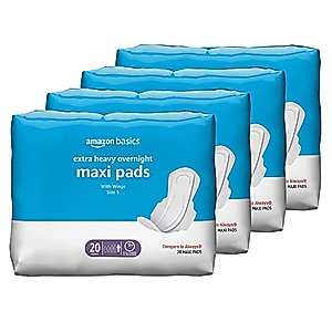 Amazon Basics Thick Maxi Pads with Wings for Periods - Extra Heavy Overnight Absorbency, Unscented, Size 5, 80 Count (4 Packs of 20) (Previously Solimo)