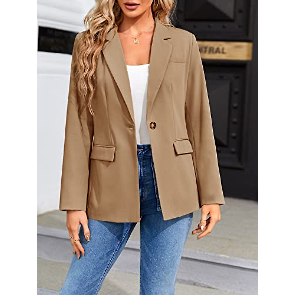 Cnkwei Womens Blazer for Work Casual Long Sleeve Lapel Collar Open Front Button Solid Color Blazer Jackets with Pockets Khaki