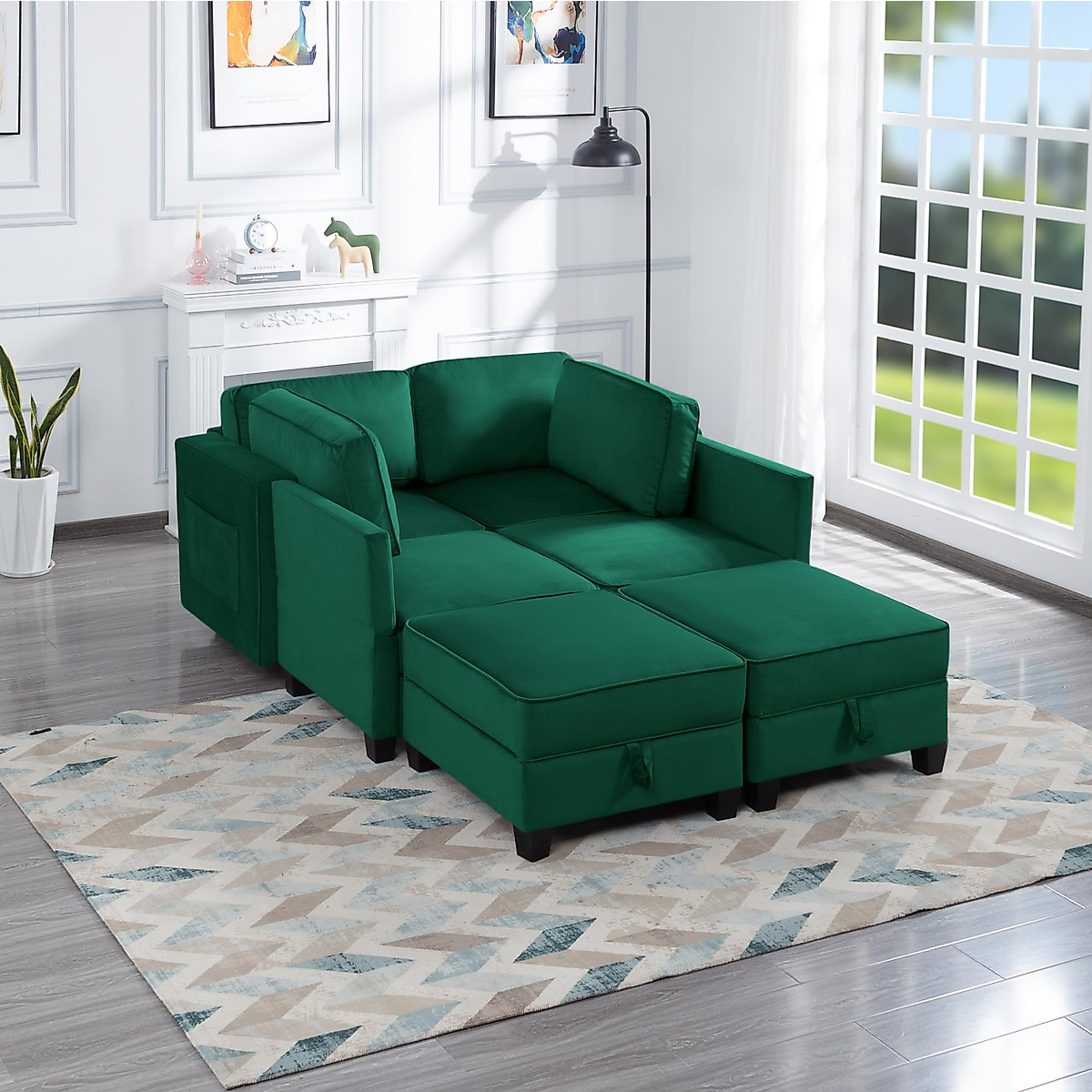 Lepfun 116'' Modular Sectional, U-Shaped Velvet, Minimalist Convertible Modern 6-Seat Couch with Chaise Ottomans Living Room Sofa Sets for Office Apartment (Green)