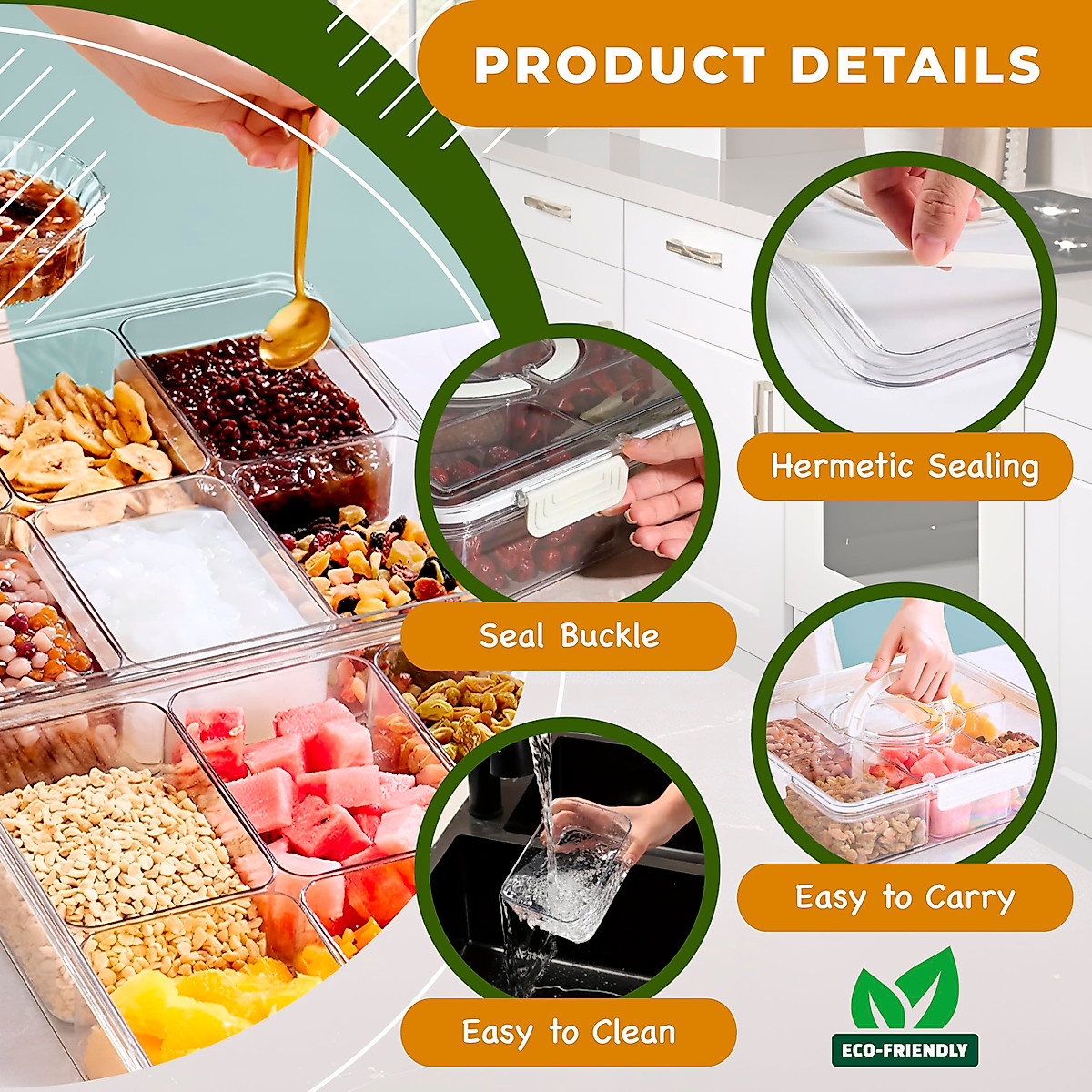 MUGA LARGE Divided Serving Tray with Lid & Handle- 6 Compartment Removable Snackle Box Charcuterie Container with 2 Silicone Tong, BPA-Free Fruit Storage Container.