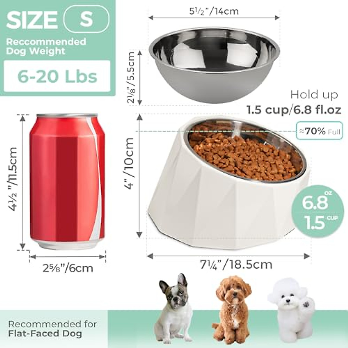 Elevated Dog Bowl for Small Dogs, Tilted Dog Bowl Dog Dish with Detachable Melamine Stand, Dog Food Bowl for French Bulldogs, Puppies, Cats, Non-Skid, Easier to Reach Food