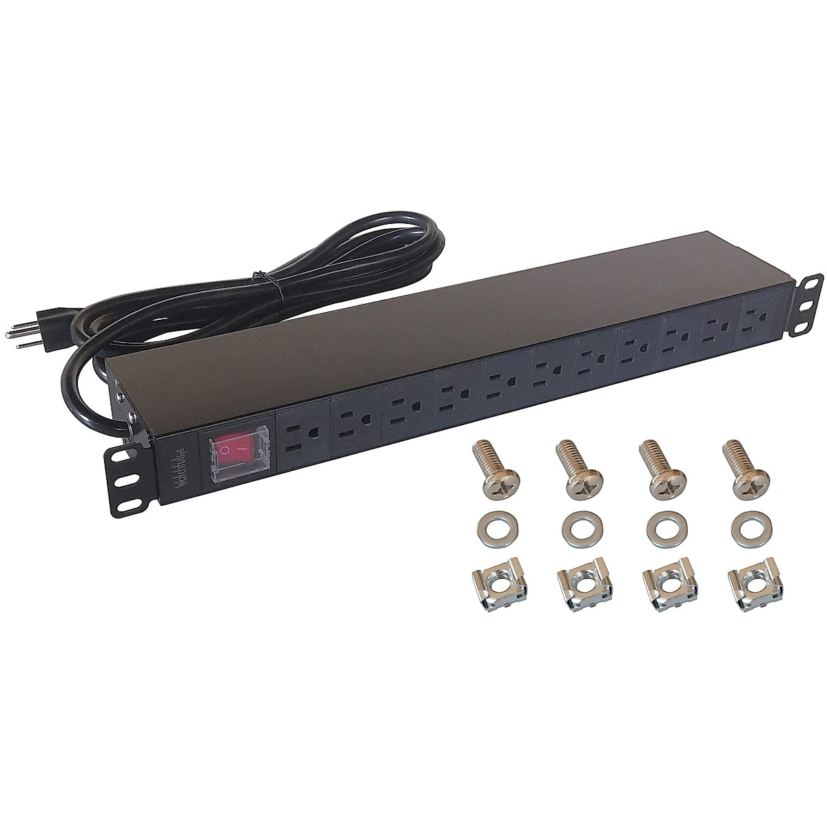WatchfulEyE WTH-CS/PDU-US 125V/15A Heavy Duty Metal 1U Rack Mount Basic PDU Power Strip 10 ft Extension Cord Integrated Circuit Breaker