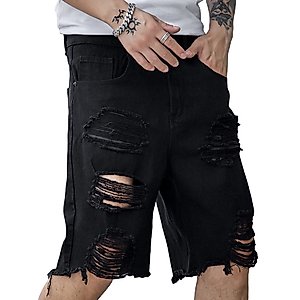 Verdusa Men's Ripped Distressed Raw Trim High Waist Straight Leg Denim Shorts Black XL