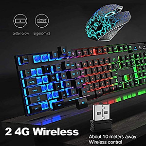 Wireless Gaming Keyboard and Mouse Combo with Rainbow LED Backlit Rechargeable 3800mAh Battery Mechanical Feel,7 Color Gaming Mouse,Mouse Pad for Windows PC Gamers(Black)