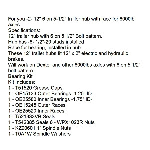 2pk 12"X2" Trailer Brake Hub Drum Kit 6 on 5.5" for 5200-6000 lbs Axle 22003K E.P.R.
