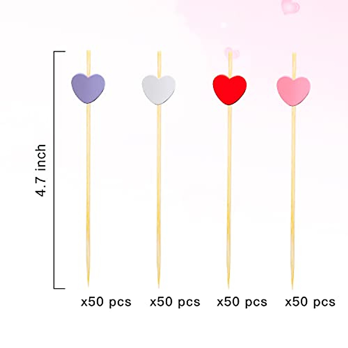 YSSAI 200 Counts Heart Shaped Cocktail Picks Heart Fancy Toothpicks 4.7 Inch Handmade Bamboo Cocktail Skewers Sticks for Valentine's Day Wedding Mother's Day Festival Party Favor Red Pink Purple White