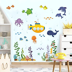 wondever Under The Sea Submarine Wall Stickers Tropical Fish Seaweed Dolphin Peel and Stick Wall Art Decals for Baby Nursery Kids Bedroom Bathroom