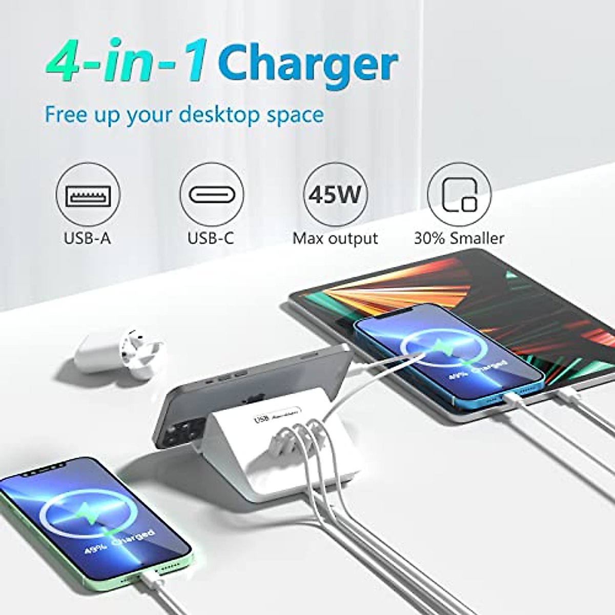 VHBW USB C Charging Station 45W, 4 Port Multiple USB Charging Station with 2 USB C & 2 USB A, 20W PD Fast Charger for Multiple Devices for iPhone 13/12/11, Samsung Galaxy, iPad, Pixel 4/3【UL Listed】