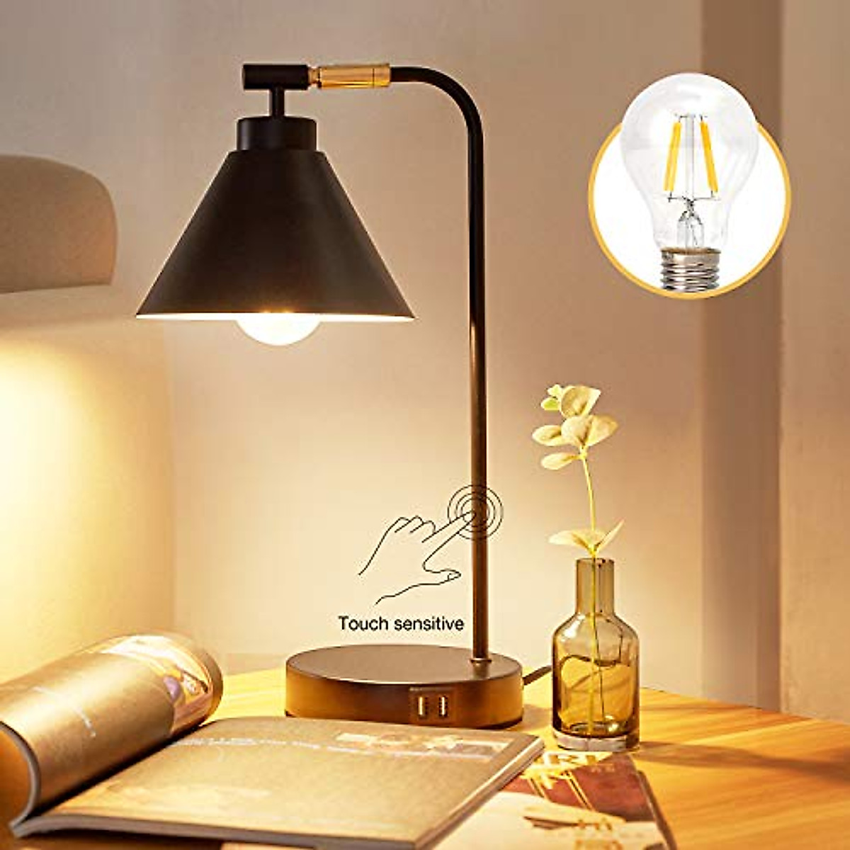 Industrial Black Bedroom Table Lamp, Dimmable Touch Control Bedside Lamp with 2 USB Charging Ports and AC Outlet, Nightstand Reading Lamp with Metal Flexible Head for Living Room Office, Bulb Included