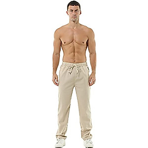 HOEREV Men Casual Beach Trousers Linen Summer Pants, Beige, Large