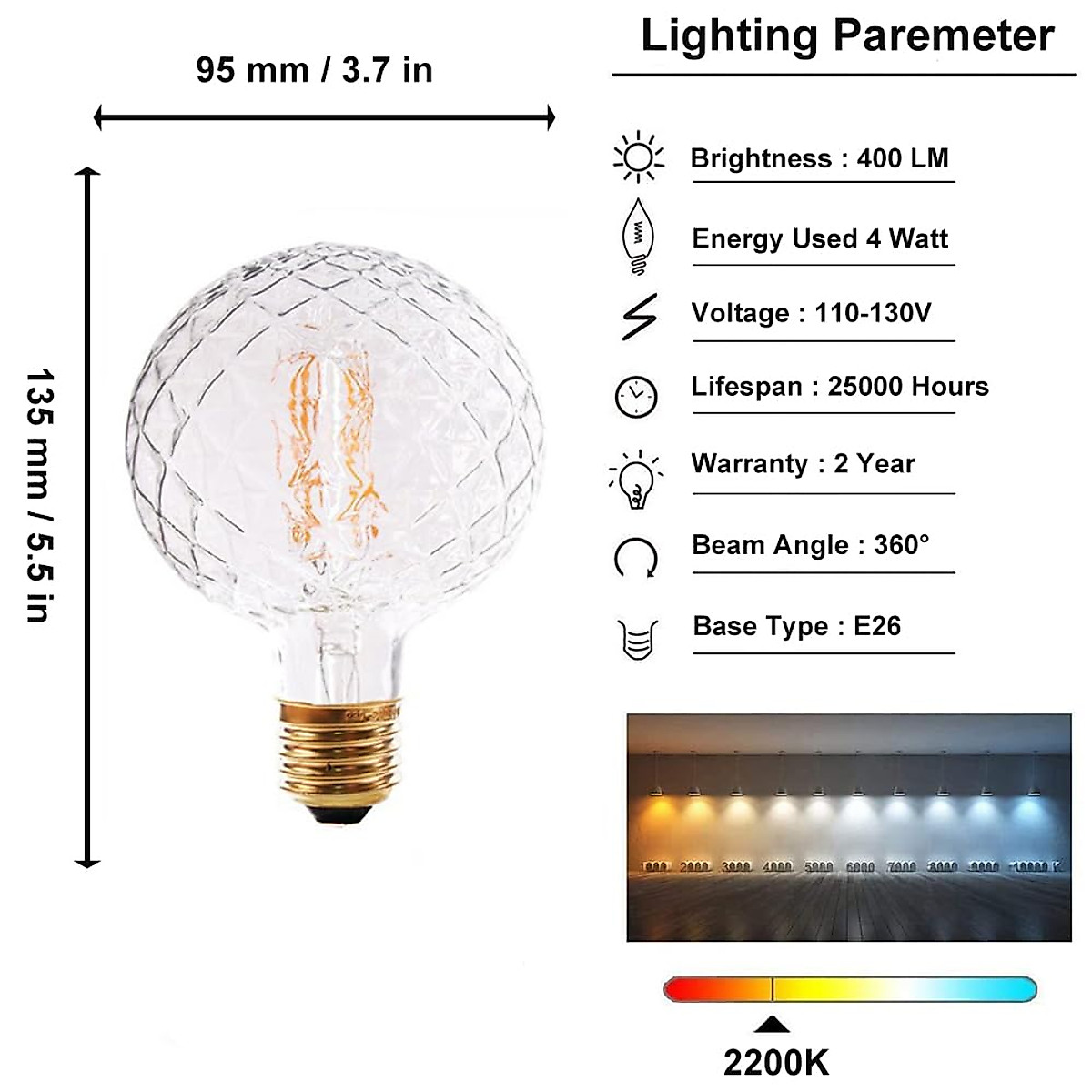 Vintage LED Edison Bulb G30 G95 4W Dimmable LED Filament Bulb Globe Pineapple Shaped Light Bulb 2300K Warm White E26 400LM Equivalent 40W Incandescent (Clear)