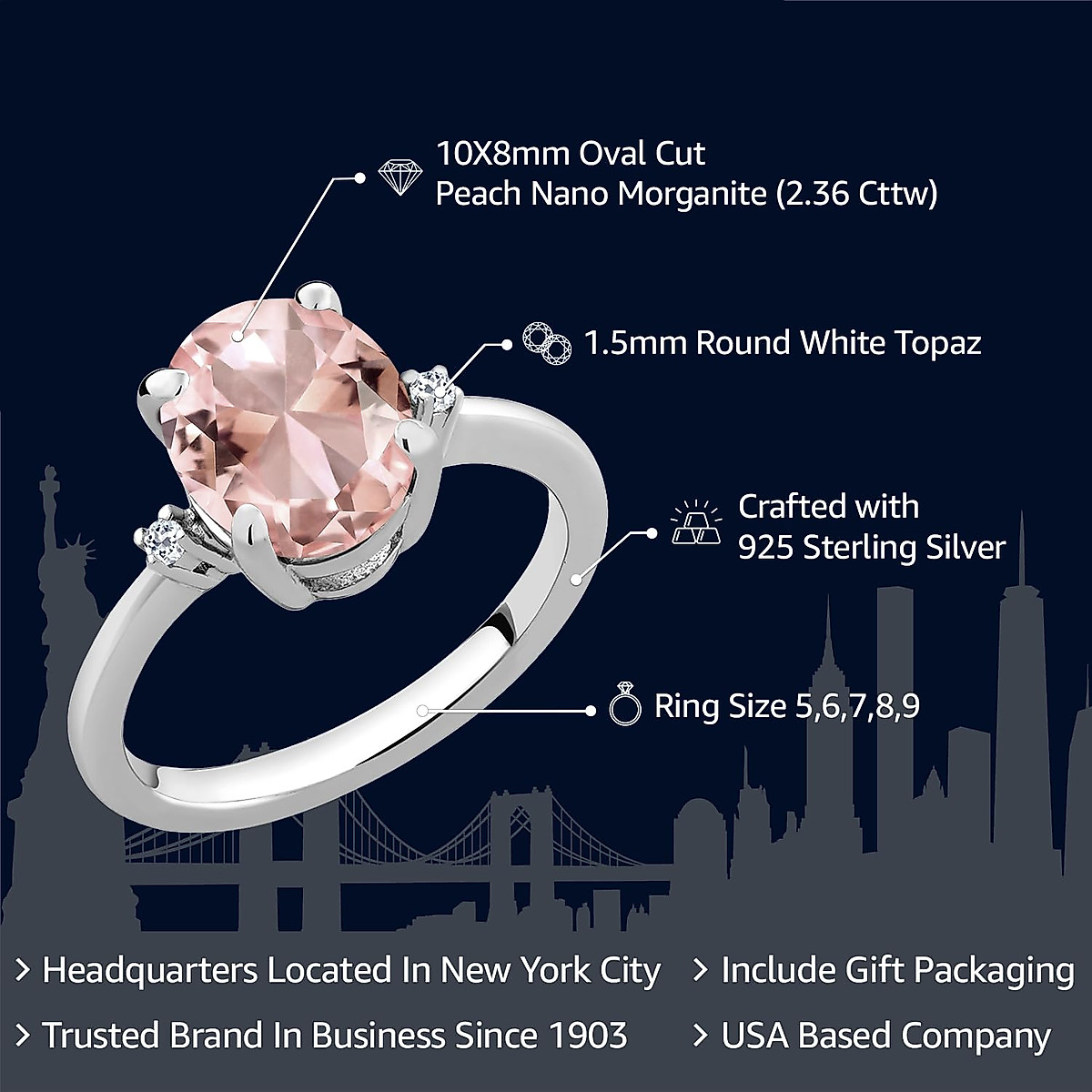 Gem Stone King 925 Sterling Silver Peach Nano Morganite and White Topaz 3 Stone Ring For Women (2.36 Cttw, Oval 10X8MM, Gemstone October Birthstone, Size 6)